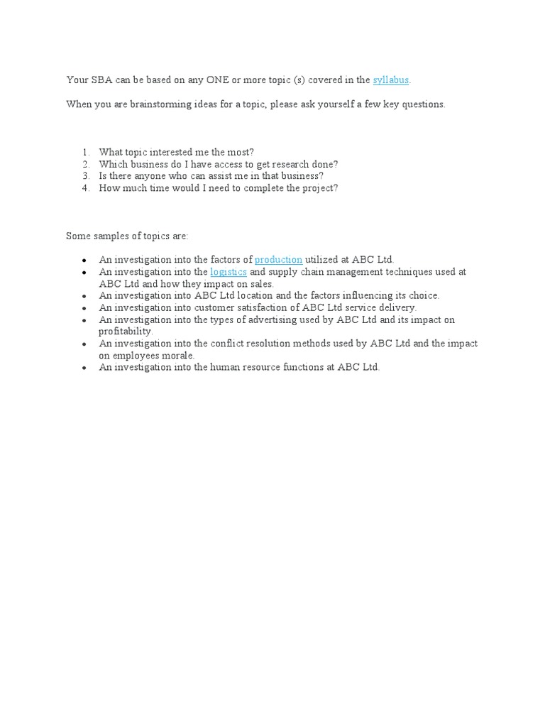 SBA Topic Samples | PDF