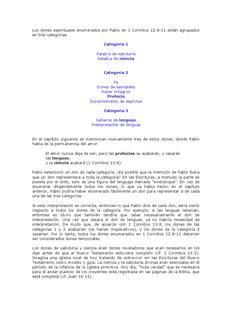 Los Dones Espirituales Enumerados Por Pablo en 1 Corintios 12 | PDF | Primera epístola a los ...