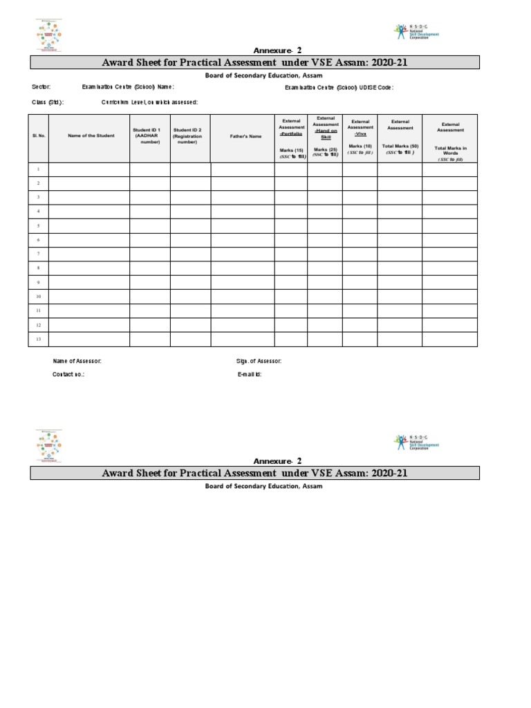 Practical Assessment Award Sheet for Vocational Skills Education ...