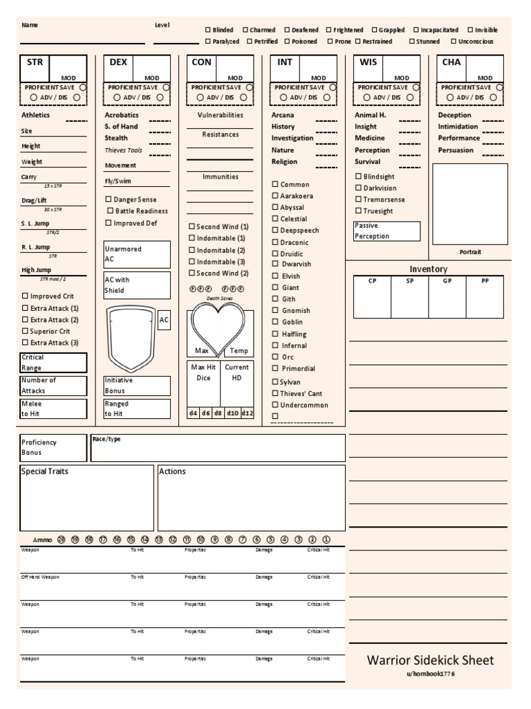 Warrior Sidekick Character Sheet 5E | PDF