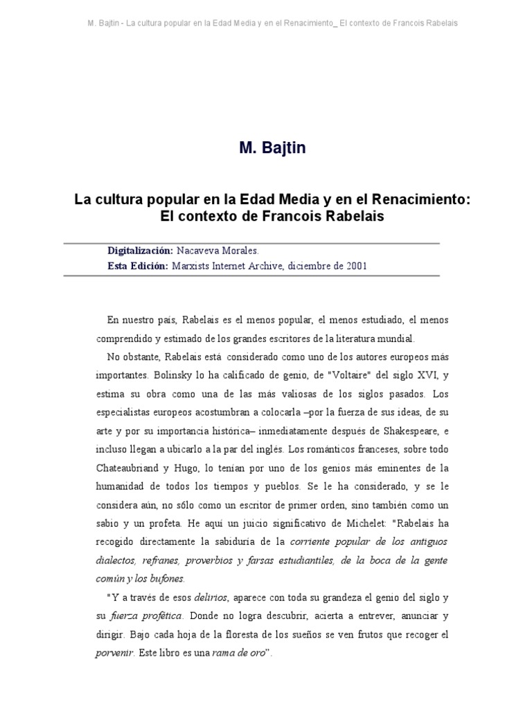 Bajtin, M. - La Cultura Popular en La Edad Media y en El Renacimiento El Contexto de Francois ...