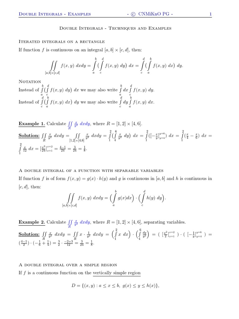 Double Integrals - Examples - C Cnmikno PG - 1: RR Dxdy | PDF | Area ...