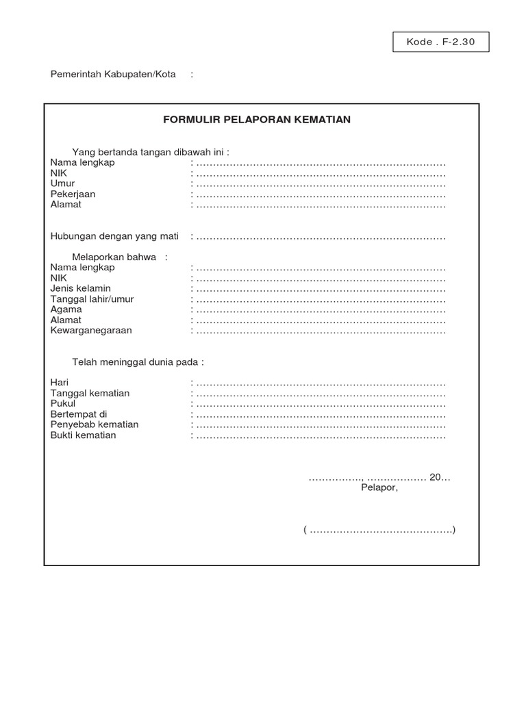 Formulir F-2.30 Pelaporan Kematian | PDF