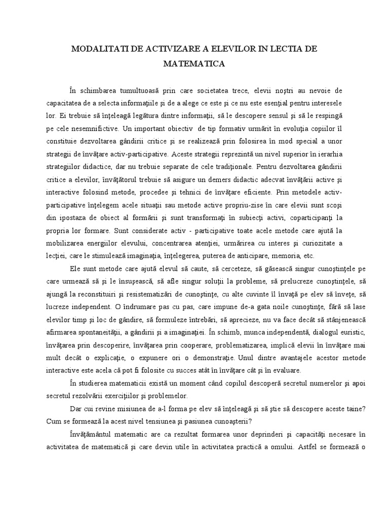 Modalitati de Activizare A Elevilor in Lectia de Matematica | PDF
