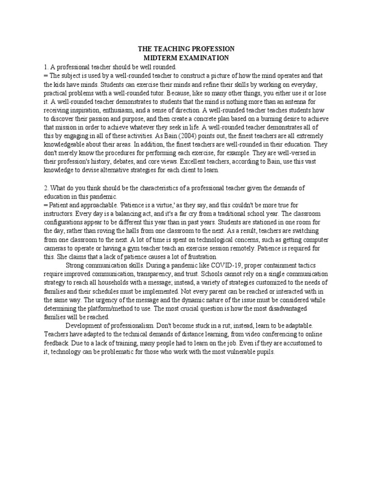 The Teaching Profession Midterm Examination | PDF | Teachers | Mind