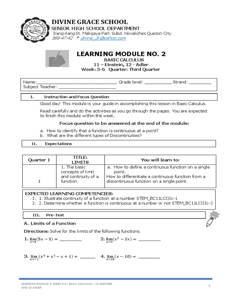 Basic Calculus (Gr. 11 Einstein & Gr. 12 Adler) - 3rd QTR - Week 5 - Module 3 | PDF | Function ...