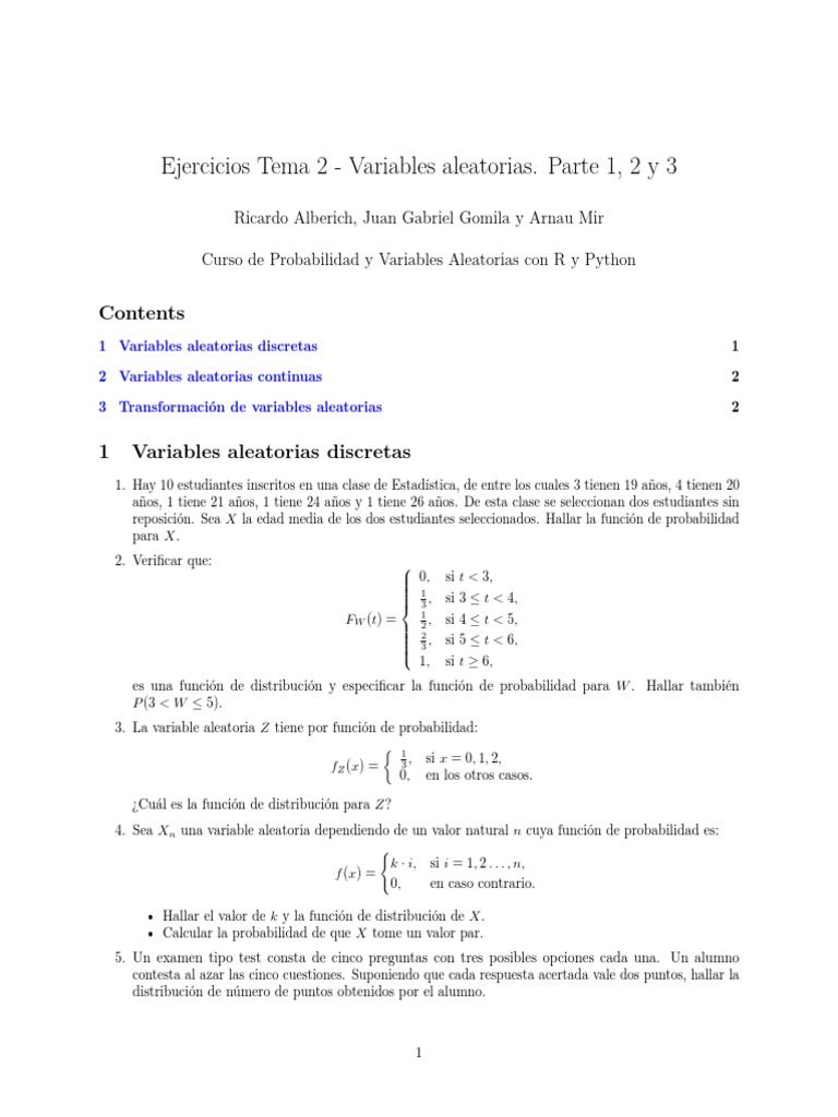 Tema 2 Variables Aleatorias | PDF | Variable aleatoria | Función de densidad de probabilidad