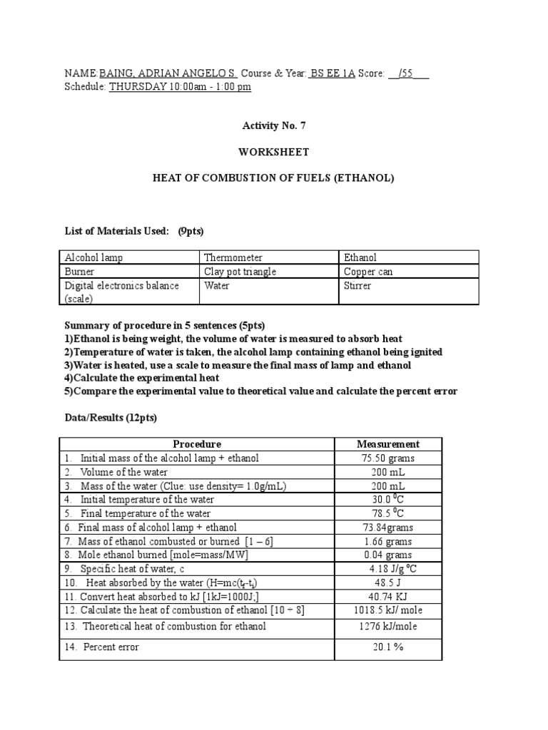 Heat of Combustion of Ethanol Experiment | PDF | Mole (Unit) | Ethanol