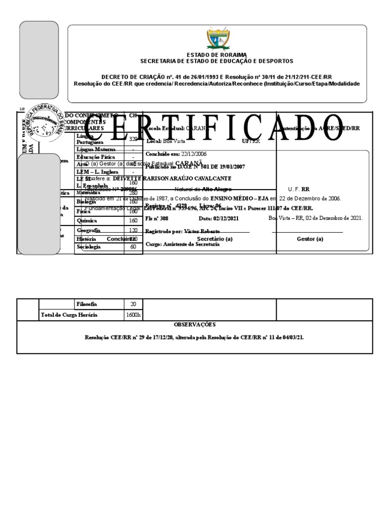 Dêivette Rarison Araújo Cavalcante - Certificado Eja 2006 | PDF | Science