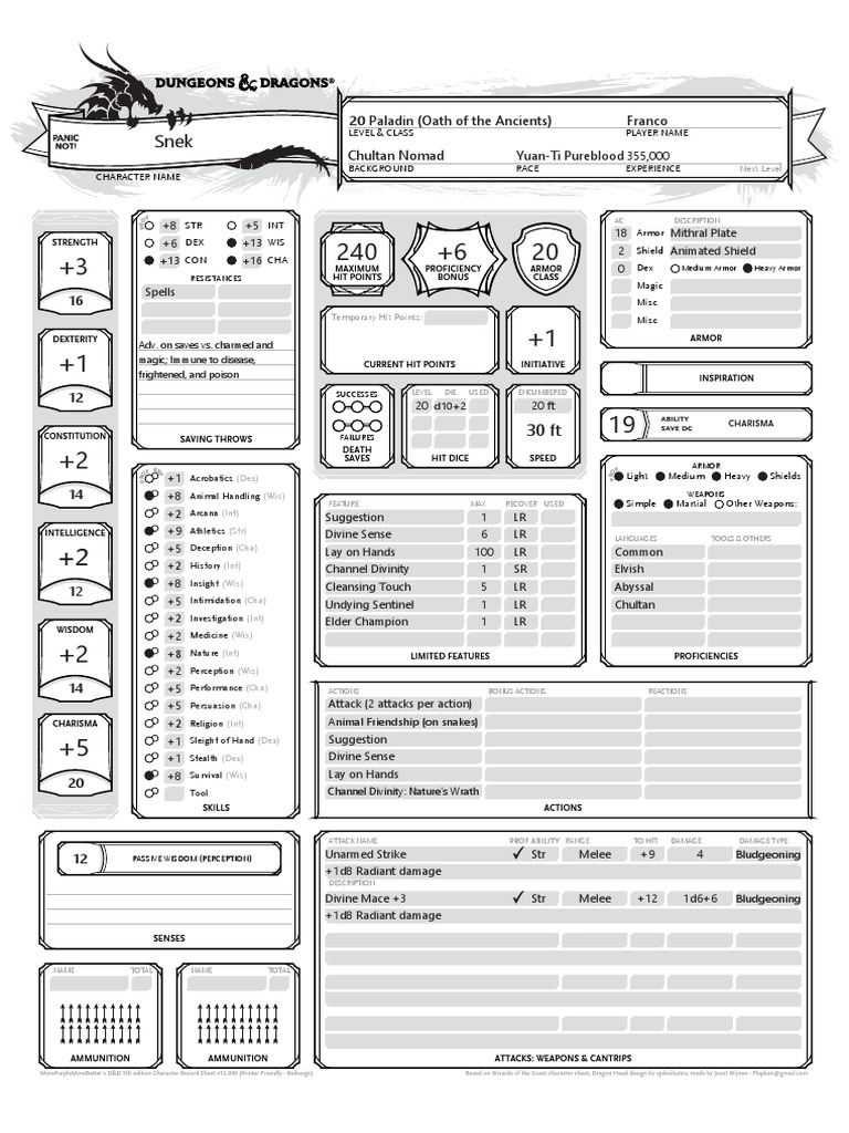 Character Sheet: Franco the Level 20 Chultan Nomad Paladin | PDF ...