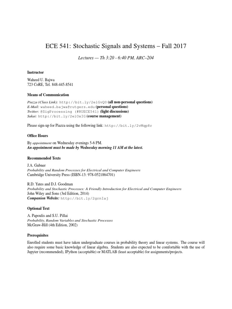Ece541 F17 Syllabus Pdf Stochastic Process Statistics