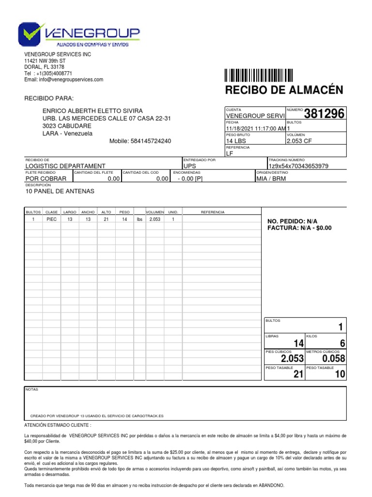 Recibo de Almacén: Venegroup Services Inc 11421 NW 39th ST DORAL, FL ...