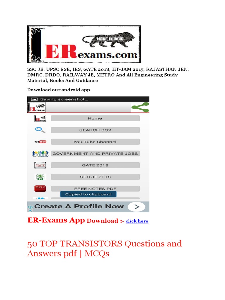 50 TOP TRANSISTORS Questions and Answers PDF | PDF | Transistor ...