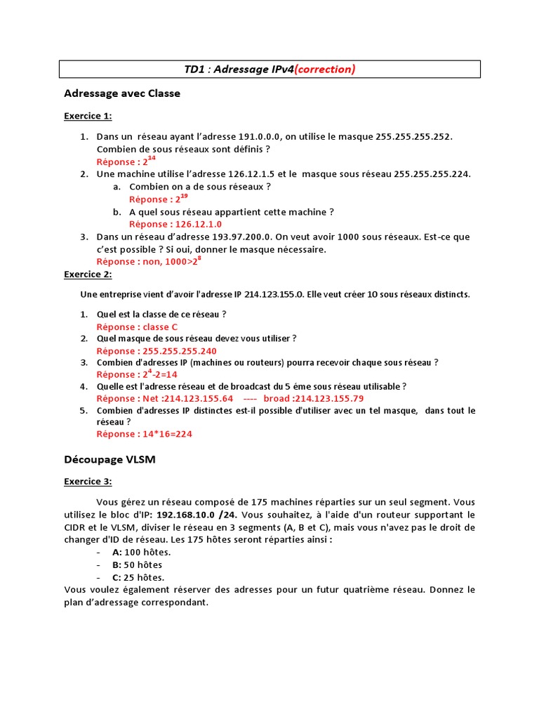 TD Adressage IP Correction | PDF | Méthodes et références pédagogiques | Technologie et ingénierie