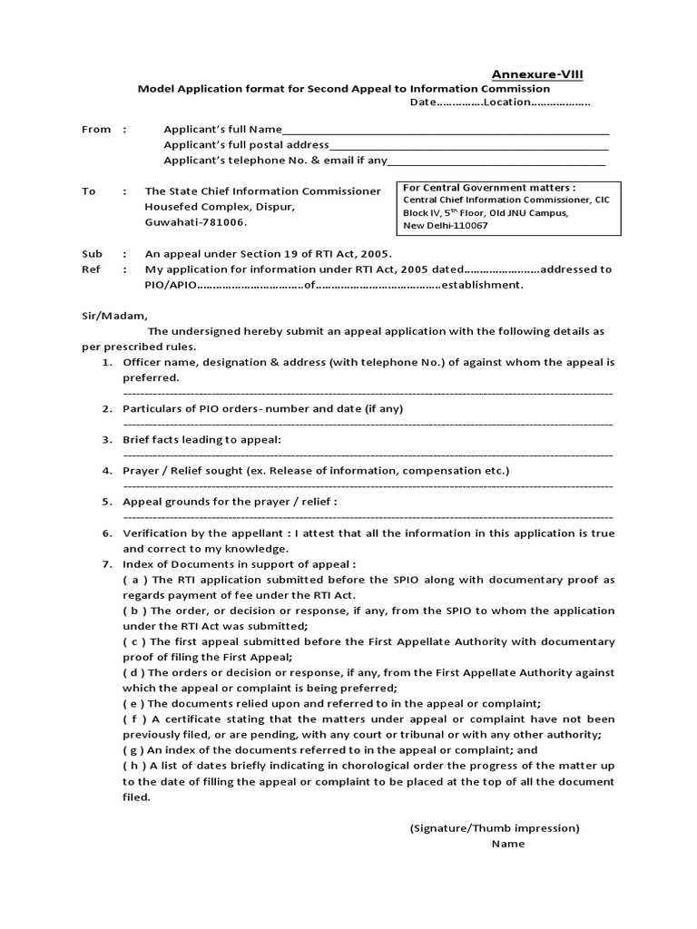 RTI Model Application For Second Appeal To Information Commission | PDF | Appeal | Complaint