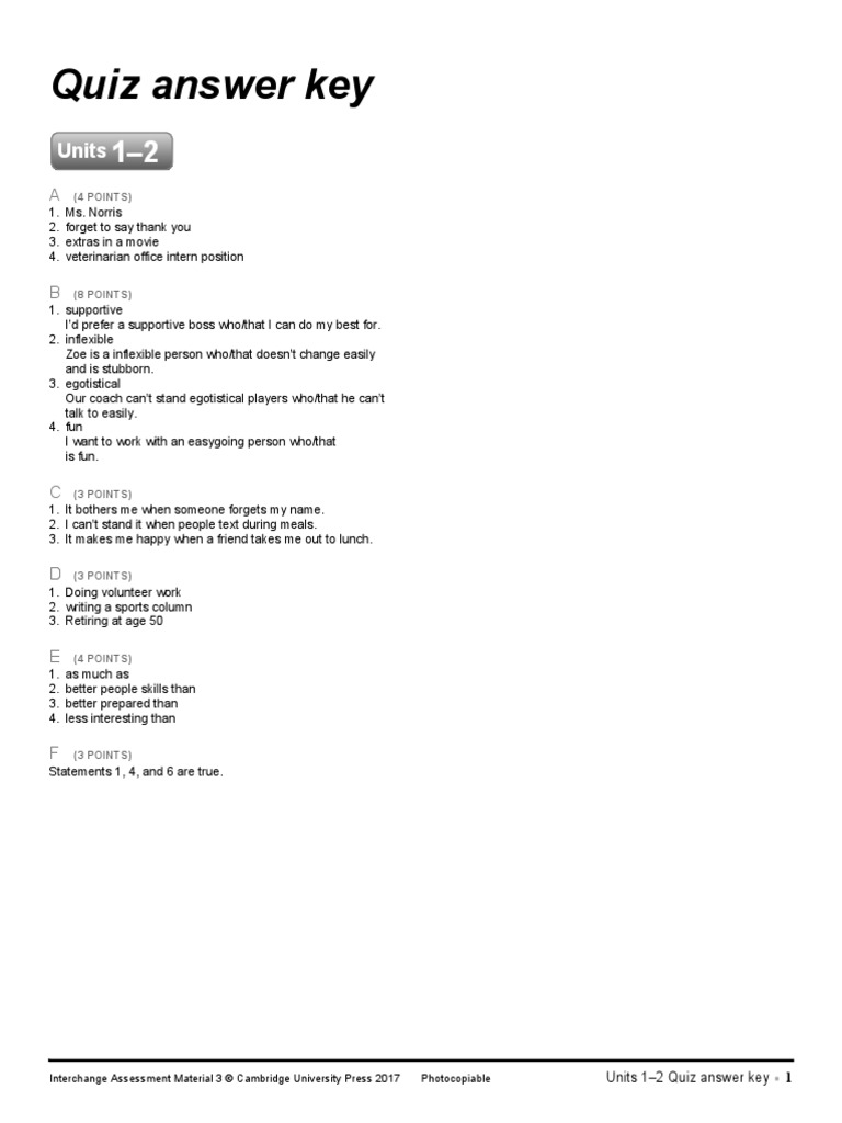 Quiz Answer Key: Units | PDF