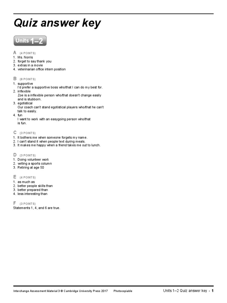 Quiz Answer Key: Units | PDF