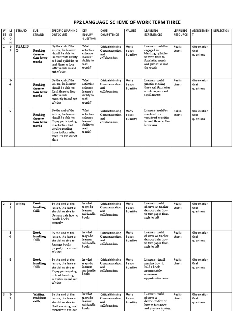 Pp2 Term 3 Schemes of Work Language Activities | PDF | Critical Thinking | Learning
