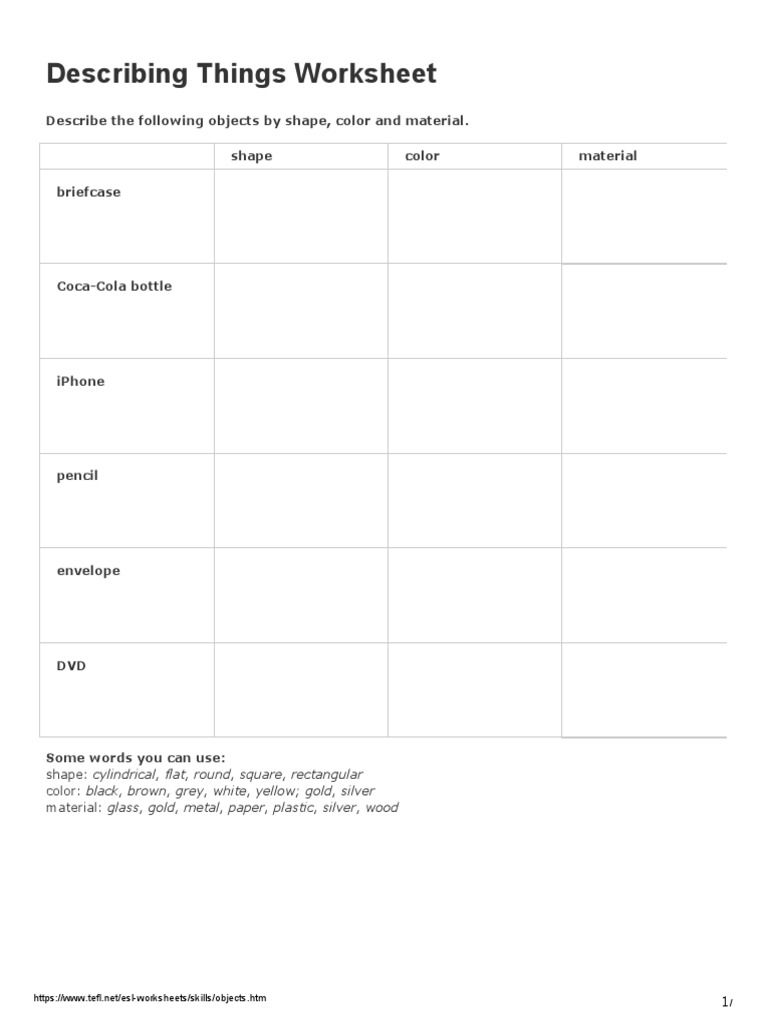Describing Things Worksheet | PDF