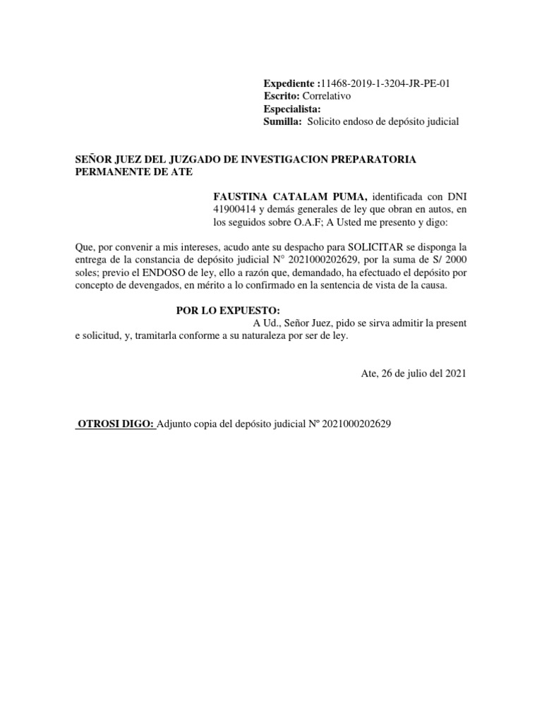 Solicito Endose de Deposito Judicial | PDF
