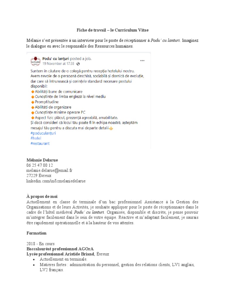 CV Réceptionniste: Mélanie Delarue | PDF | Évolution de carrière