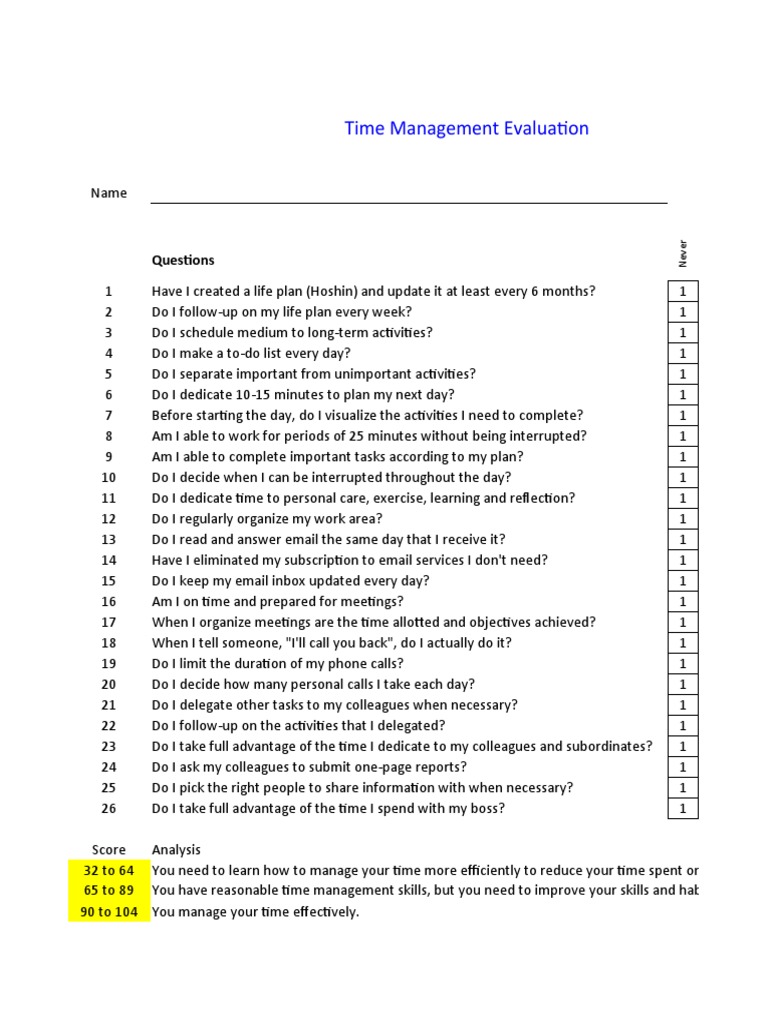 Time Management Evaluation: Questions | PDF | Time Management ...