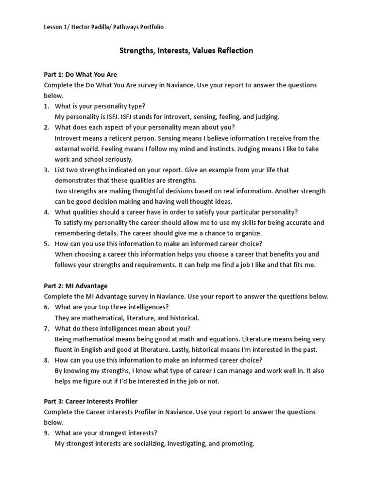 Lesson 1 - Strengths Interests Values Reflection | PDF | Social ...