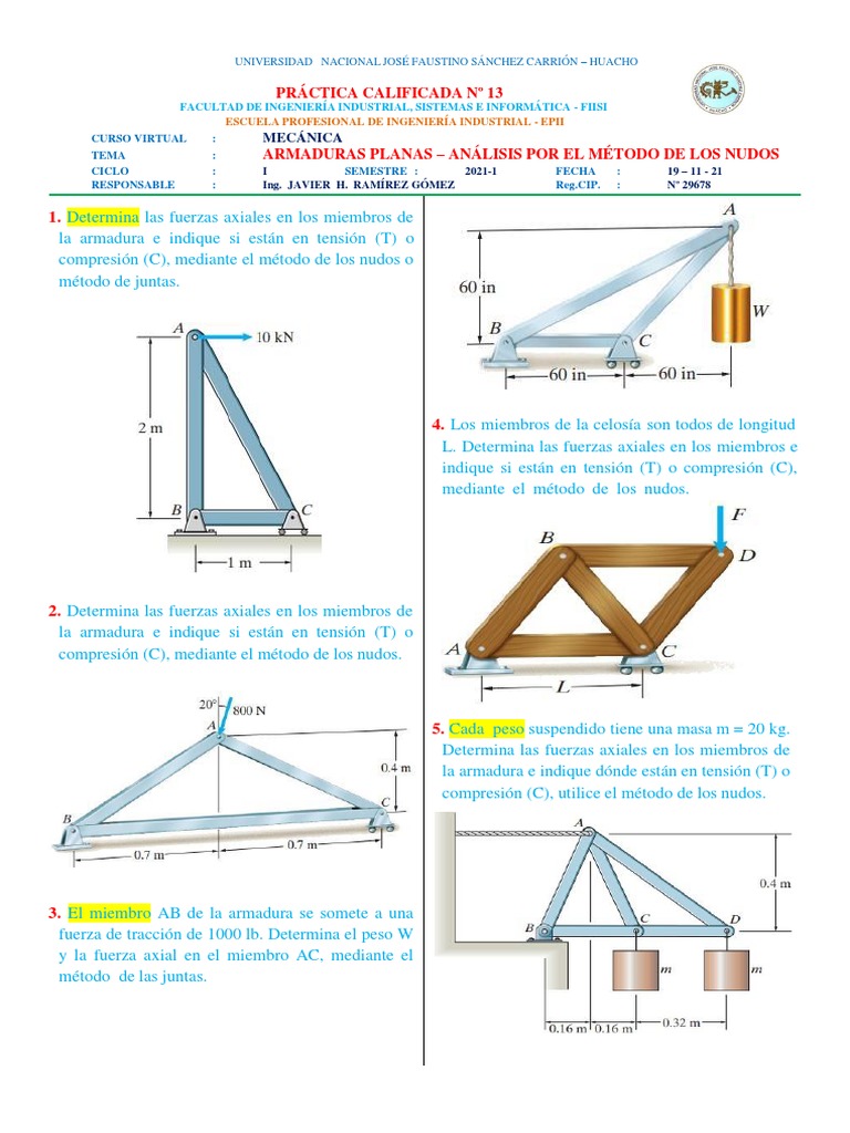 P.C. #13 - Armaduras Planas - Análisis Por El Método de Los Nudos | PDF | Braguero | Ingeniero civil