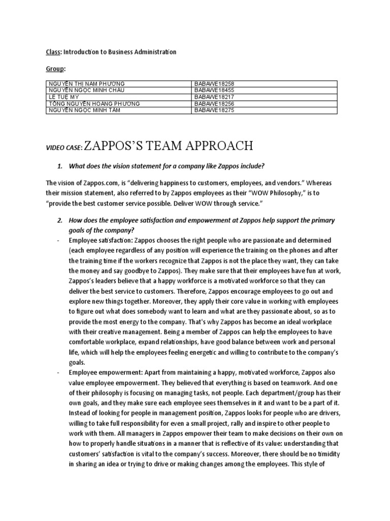 Zappos'S Team Approach: Video Case: 1. What Does The Vision Statement ...