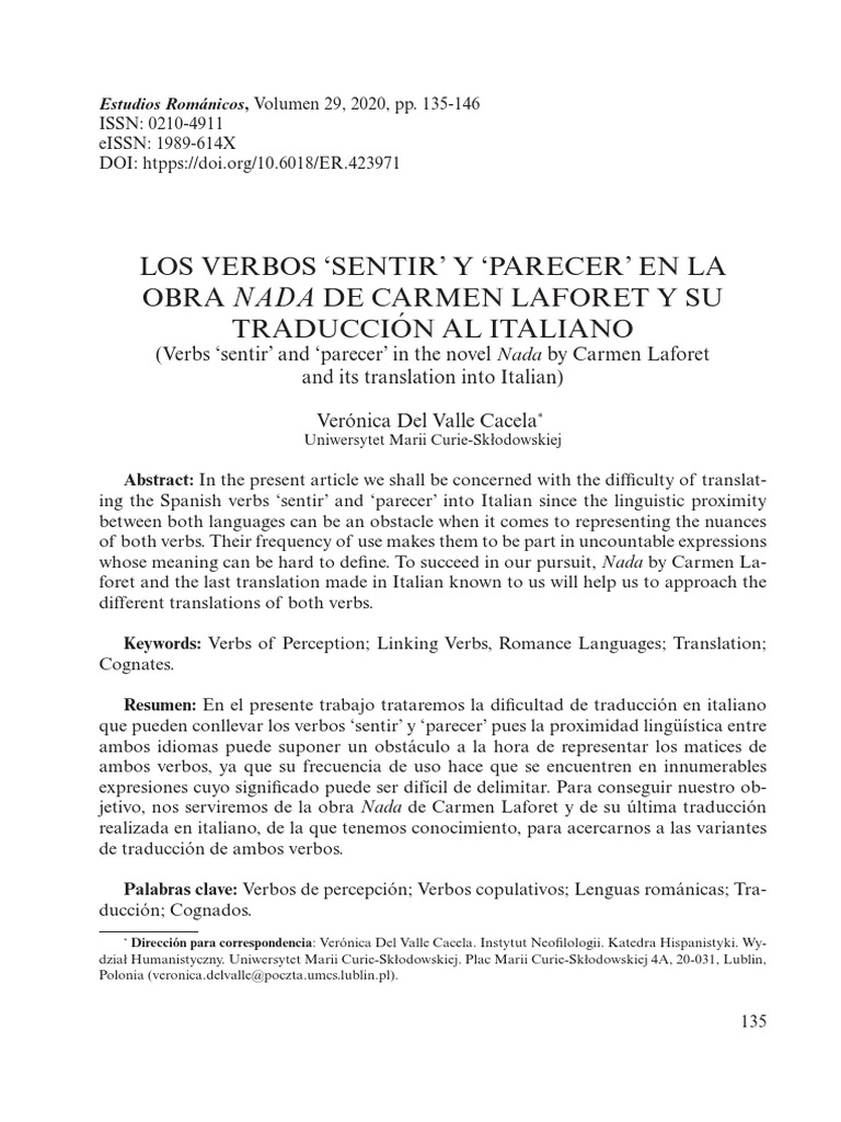 Los Verbos Sentir' y Parecer' en La | PDF | Verbo | Semántica