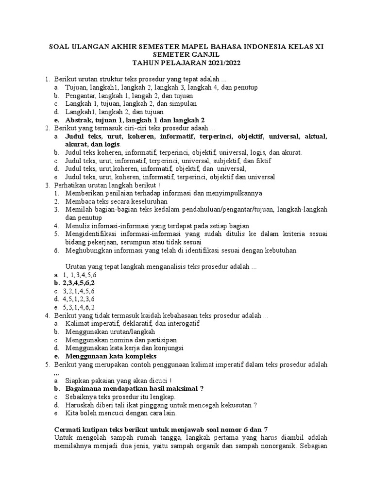 SOAL BAHASA INDONESIA KELAS XI SEMETER GANJIL Ficc | PDF | Karier & Perkembangan | Seni ...