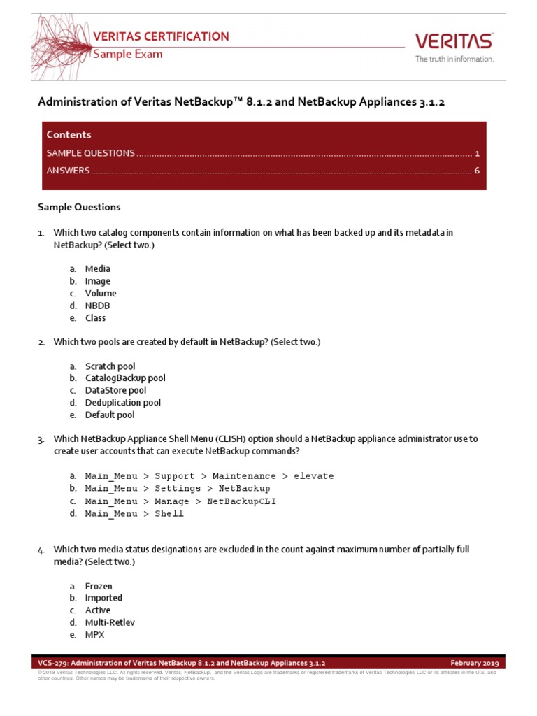 00.02 - VCS Veritas NetBackup 8.1.2 and NetBackup Appliance 3.1.2 Certification Sample Exam ...