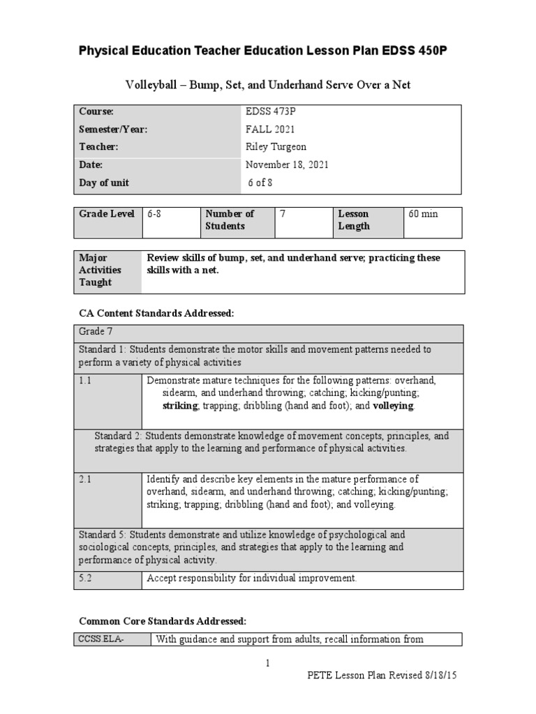 Volleyball LP - Bump Set and Serve | PDF | Question | Lesson Plan