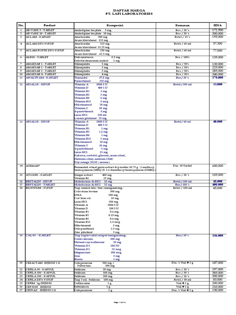 Daftar Harga PT - Lapi Update | PDF | Organic Compounds | Nutrition