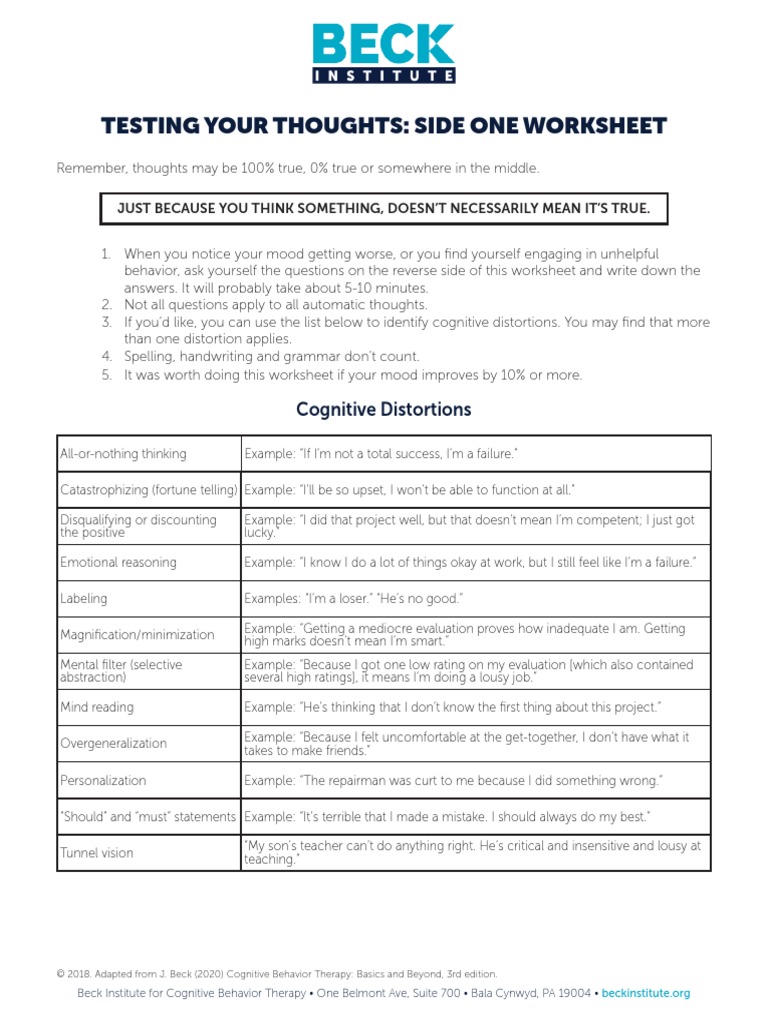 Testing Your Thoughts: Side One Worksheet: Cognitive Distortions | PDF ...