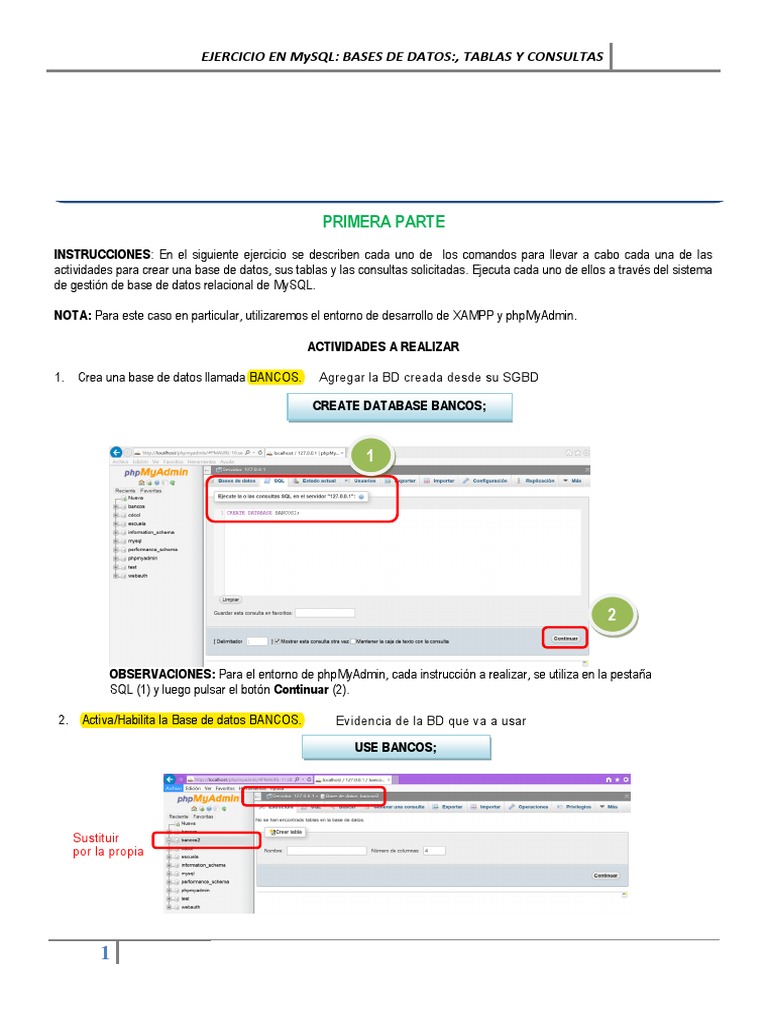 Primera Parte: Ejercicio en Mysql: Bases de Datos:, Tablas Y Consultas | Descargar gratis PDF ...