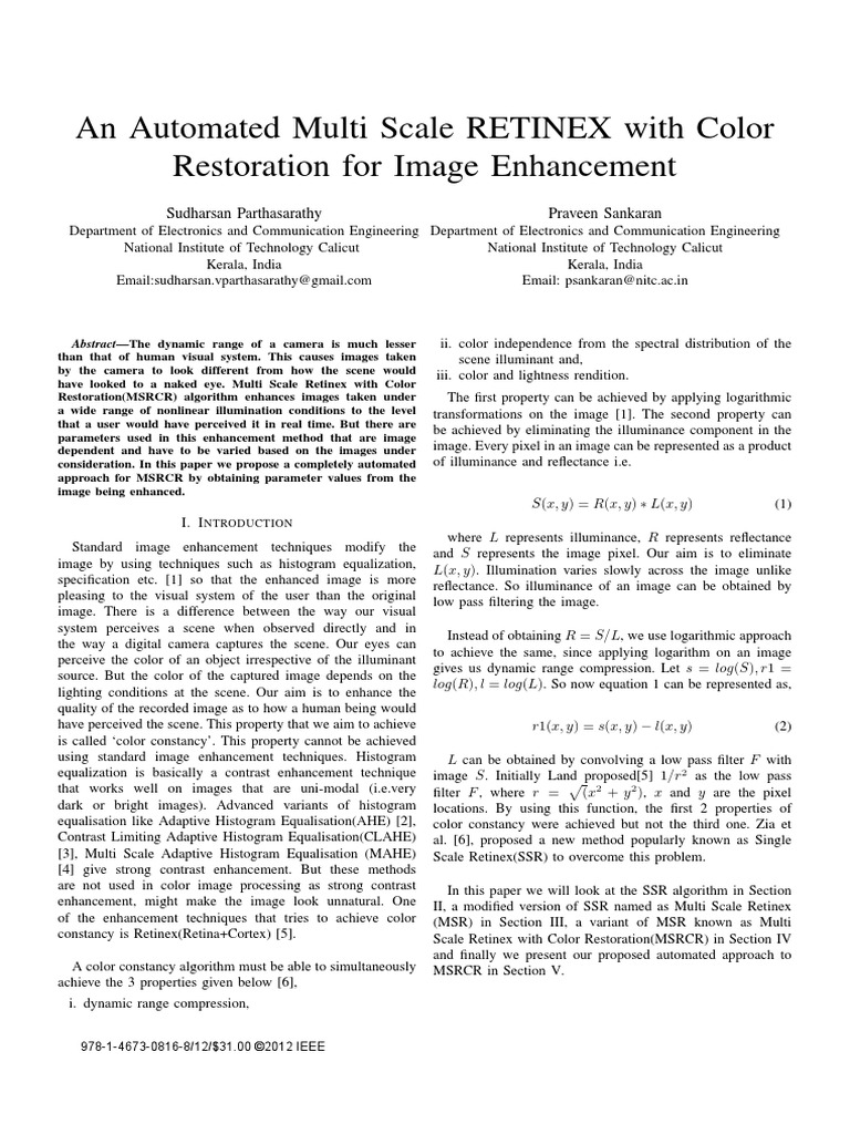 An Automated Multi Scale RETINEX With Color Restoration For Image Enhancement | PDF | Color ...