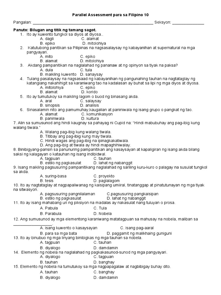 Parallel Assessment para Sa Filipino 10 | PDF