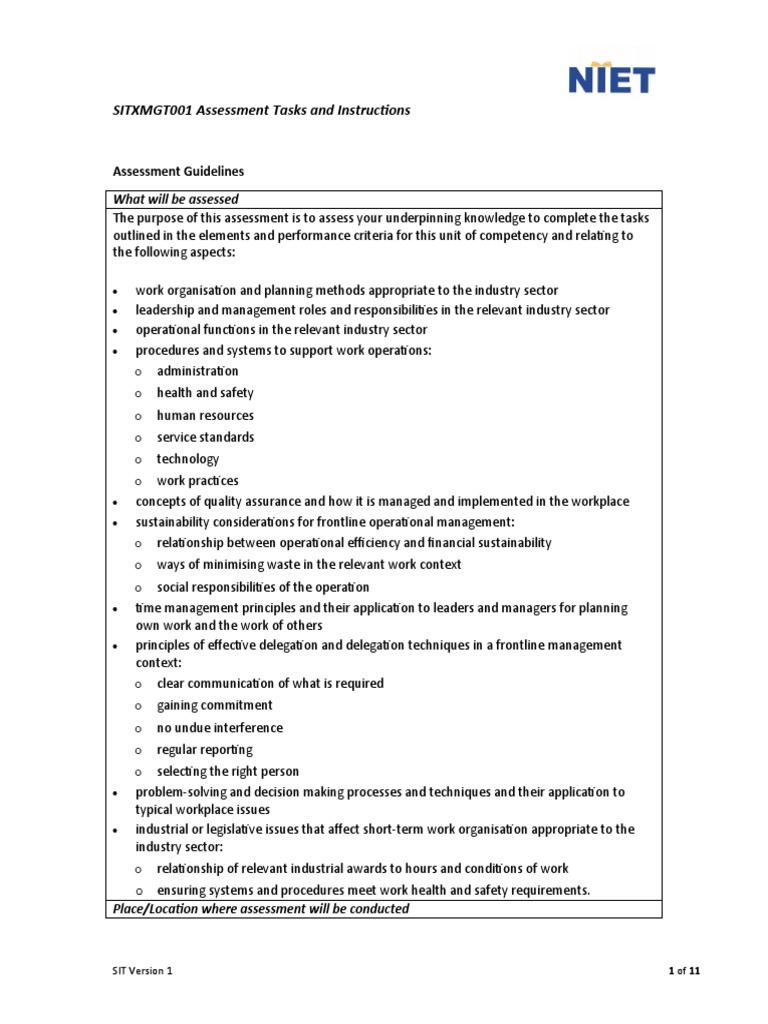SITXMGT001 Assessment Tasks and Instructions | PDF | Competence (Human ...