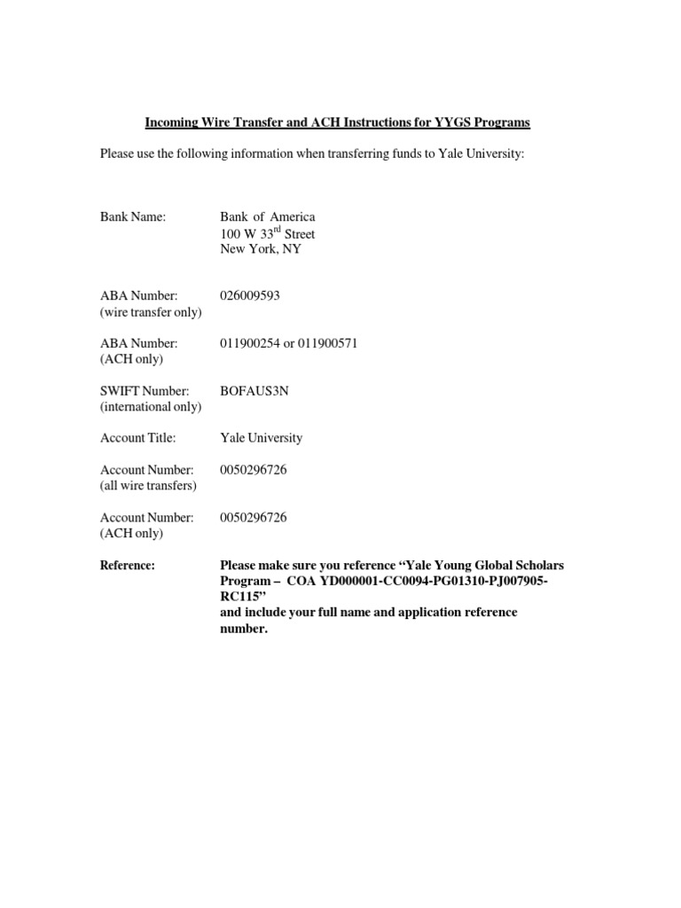 2018 - Wire Transfer and ACH Instructions 2018 - YYGS | PDF | Finance ...