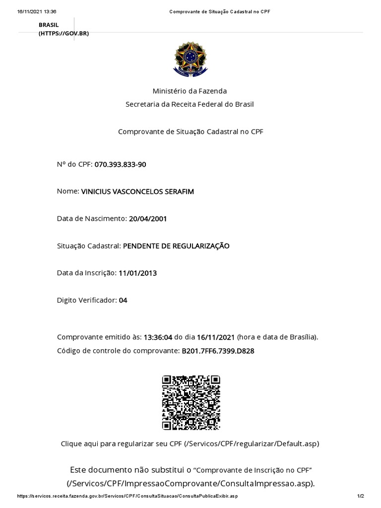 Comprovante de Situação Cadastral No CPF | PDF