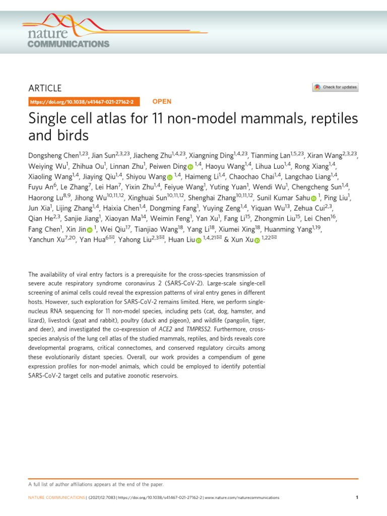 Single Cell Atlas For 11 Non-Model Mammals, Reptiles and Birds ...