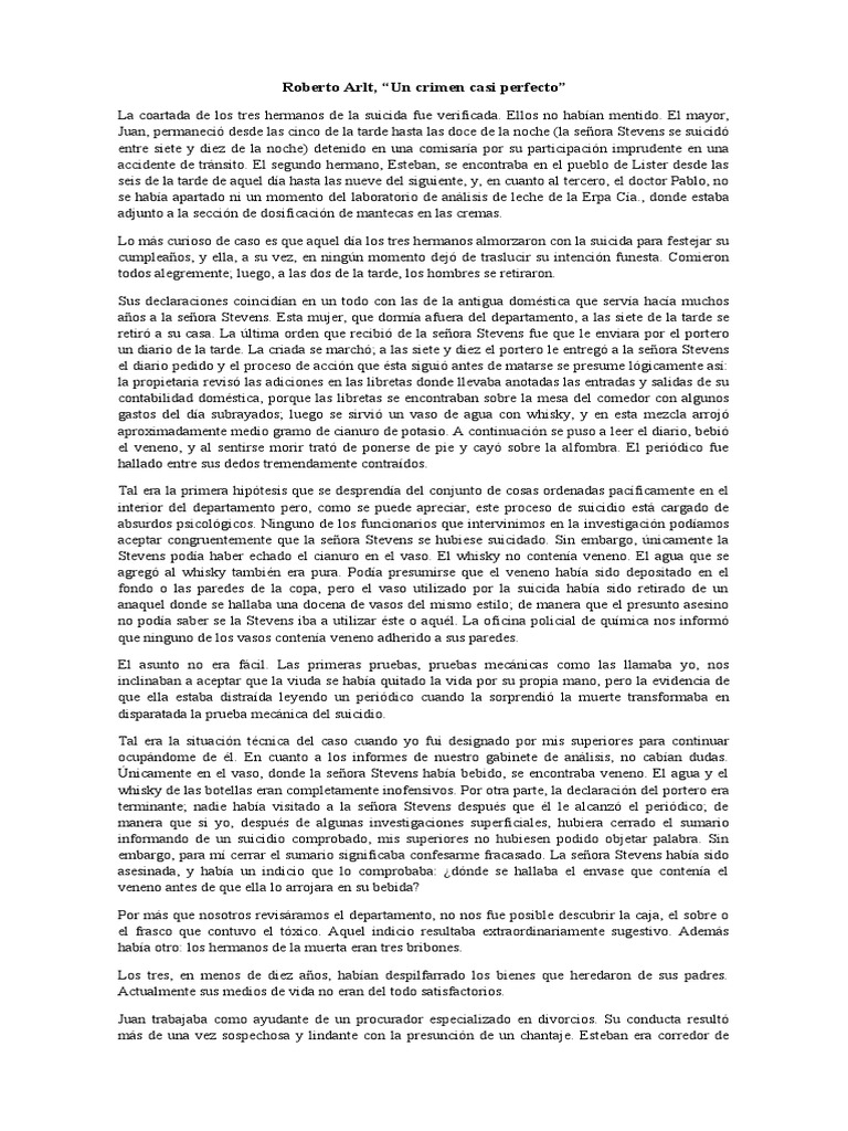 Arlt, Roberto, Un Crimen Casi Perfecto, Cuento Completo | PDF | Suicidio