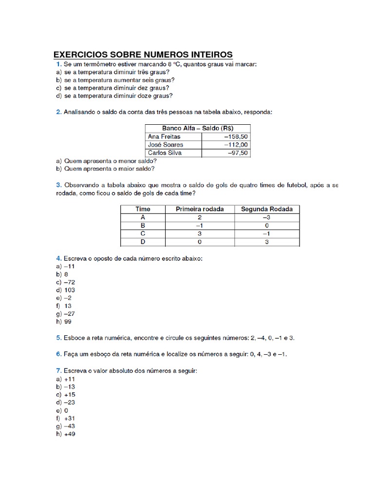 Exercicios Sobre Numeros Inteiros | PDF