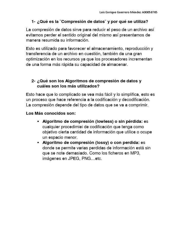 Unidad 5. Actividad 2. Compresión de Datos. Luis Enrique Guerrero | PDF