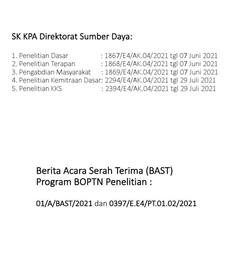 SK KPA Direktorat Sumber Daya Dan BAST Penelitian Dan Pengabdian Masyarakat TA 2021 | PDF