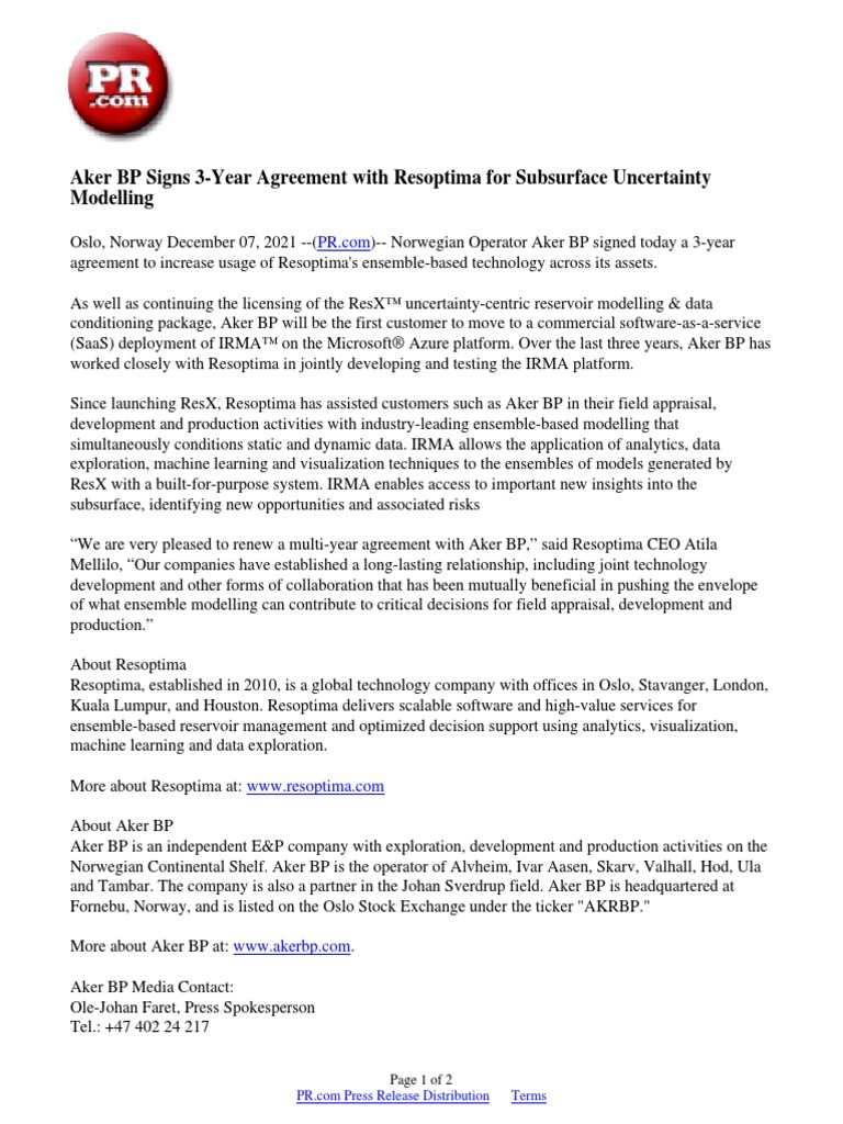 Aker BP Signs 3-Year Agreement With Resoptima For Subsurface ...