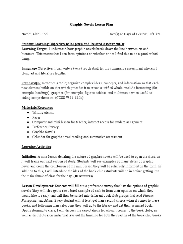Graphic Novels Lesson Plan Overview | PDF | Lesson Plan ...