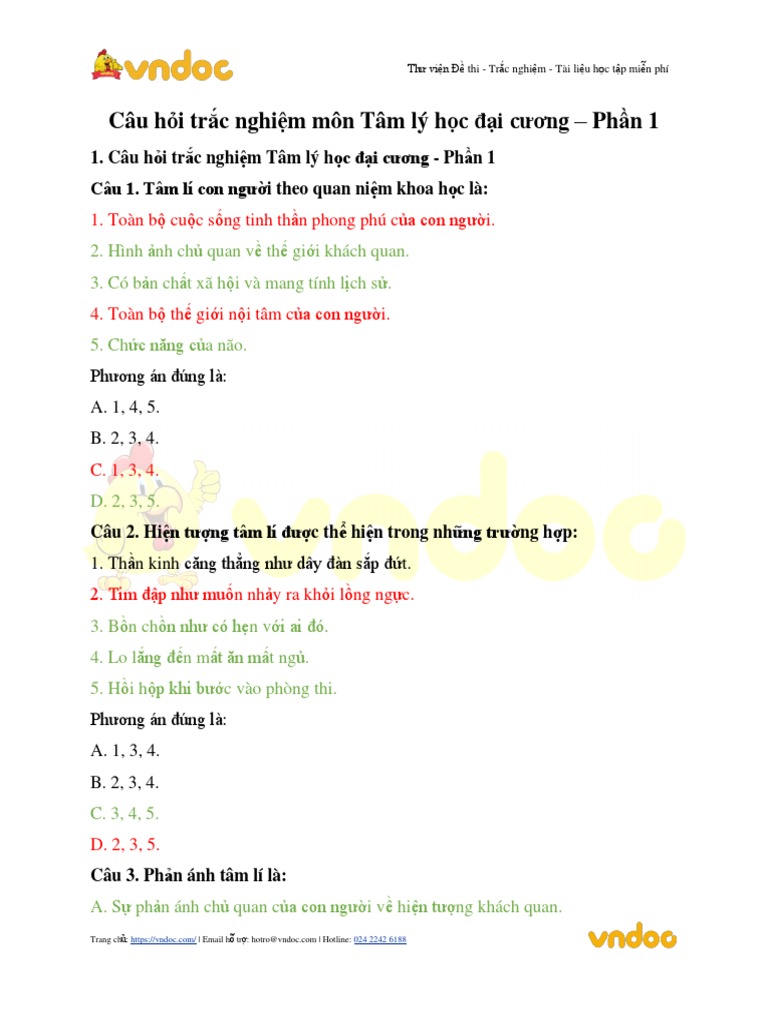 Cau Hoi Trac Nghiem Mon Tam Ly Hoc Dai Cuong Phan 1 | PDF