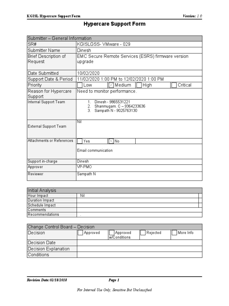 Hypercare Support Form - 29-JAN-2020 | PDF